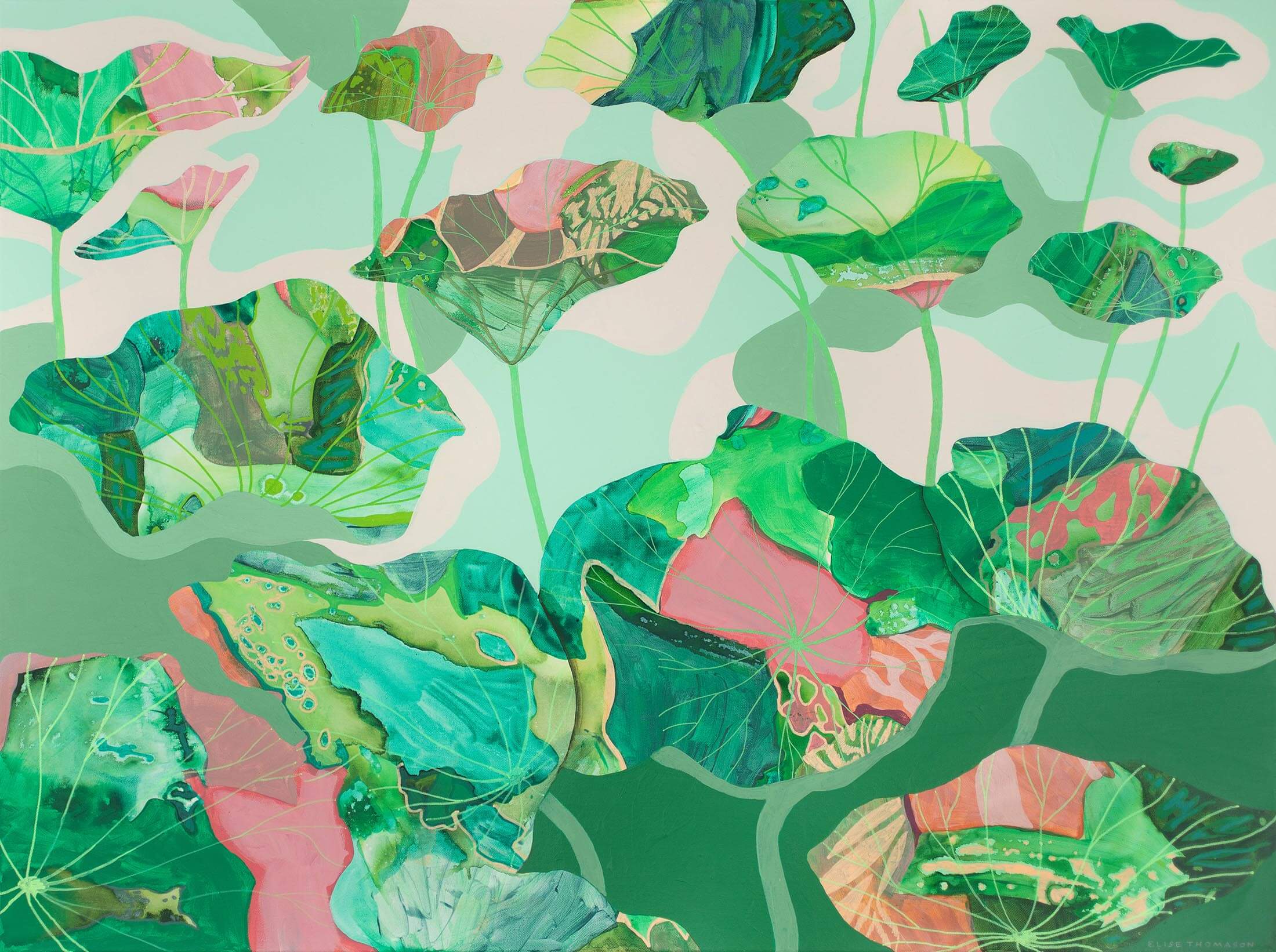 Green & Pink Abstract Water Lilies Painting – Elise Thomason, Artist